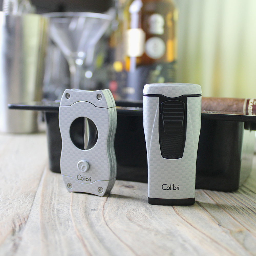 Colibri Monaco Triple-jet Flame Lighter & V Cut Cutter Set - Silver Carbon