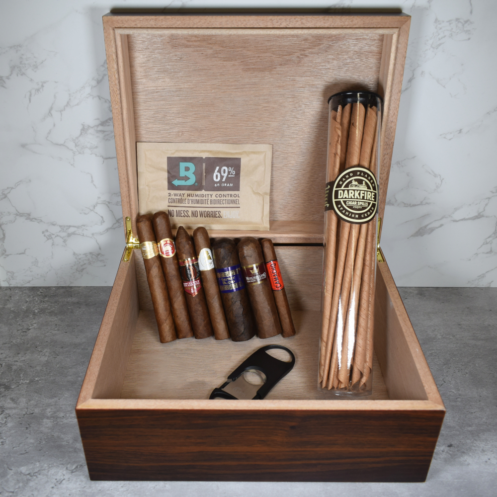 Walnut Veneer Humidor + Cigar Selection Compendium Sampler